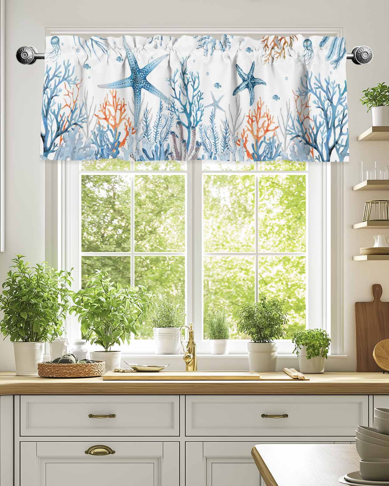 Blue Coral Starfish Jellyfish on White Valances for Windows,Kitchen ...