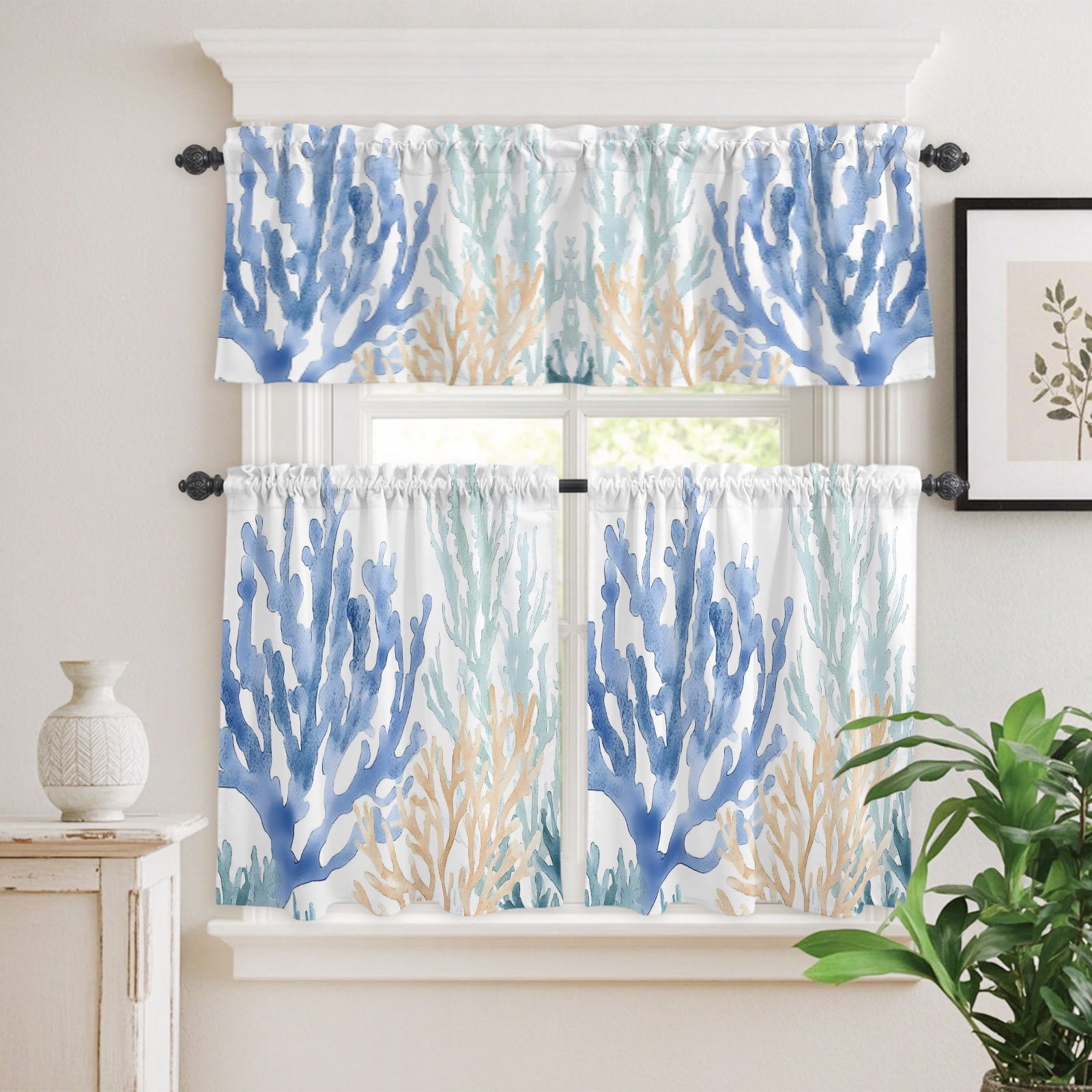 Blue Coral Summer Ocean Curtain Tier and Valance Set 3 Piece,Cartoon ...