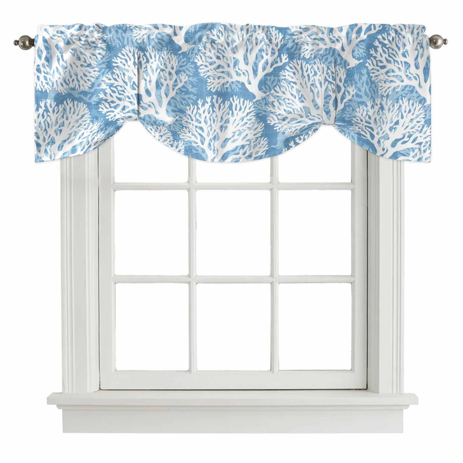 Blue Coral Tie Up Valance Curtains Coastal Ocean Beach Summer Nautical ...