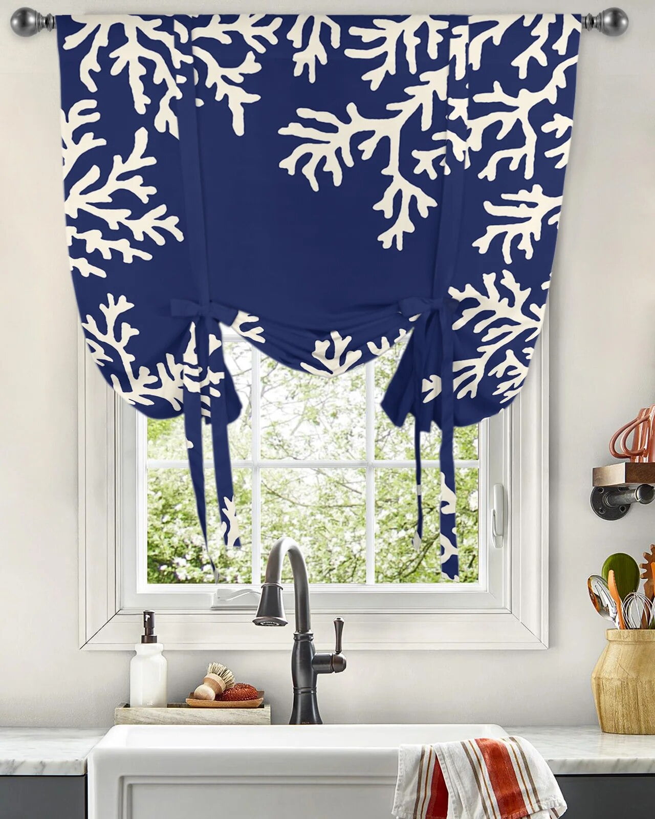 Blue Coral Window Curtains Tie Up Curtains for Kitchen Living Room ...