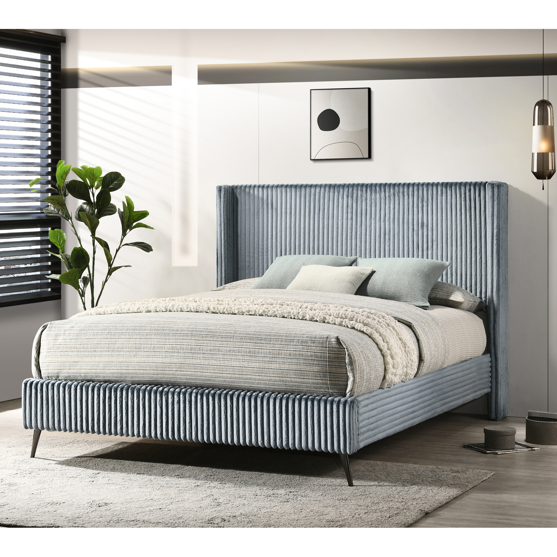 Blue Corduroy Covering - Wing Back Style for Bedtime Relax - Bedroom ...