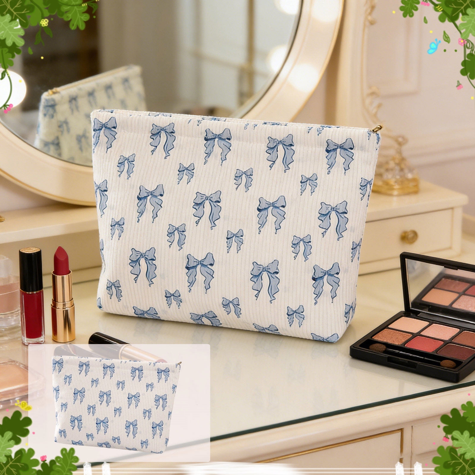 Blue Corduroy Makeup Bag Clutch with Bow, Small Handheld Travel ...