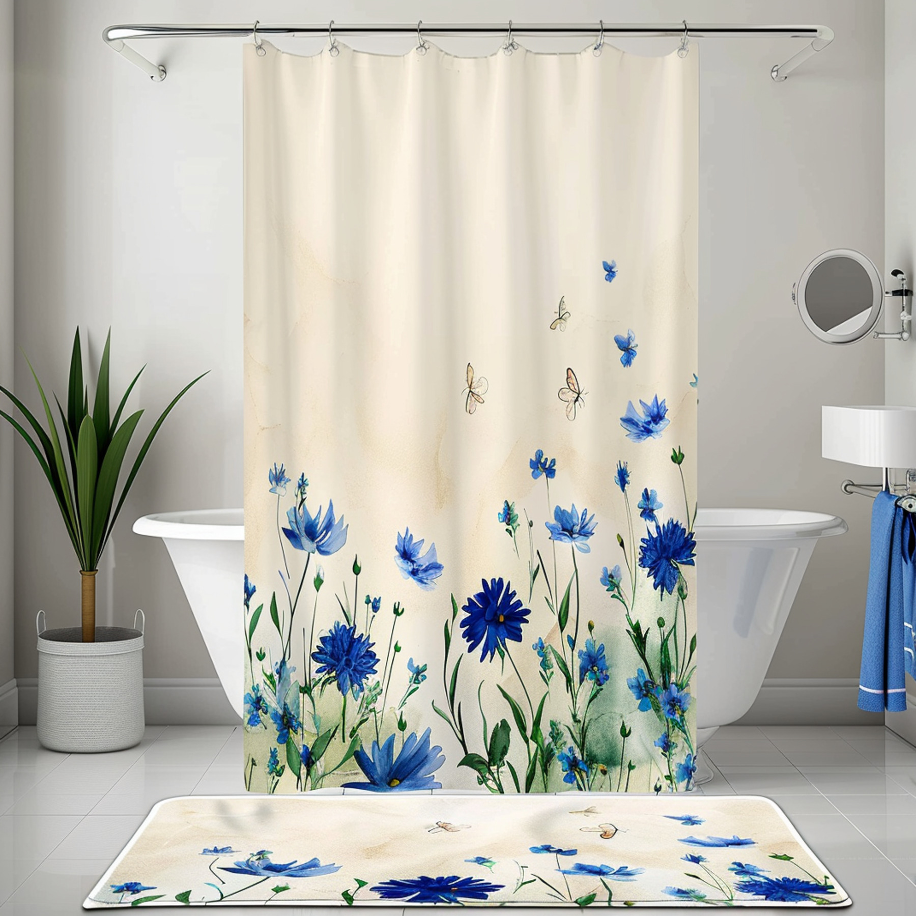 Blue Cornflowers and Butterflies Shower CurtainBeige Bathroom ...
