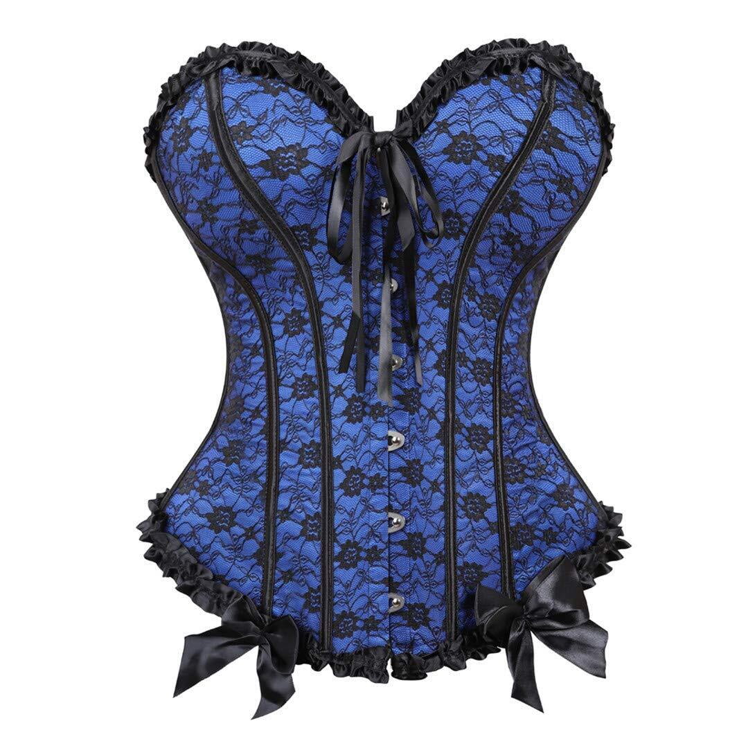 Blue Corset Tops for Women Overbust Floral Lace Bustier Plus Size ...