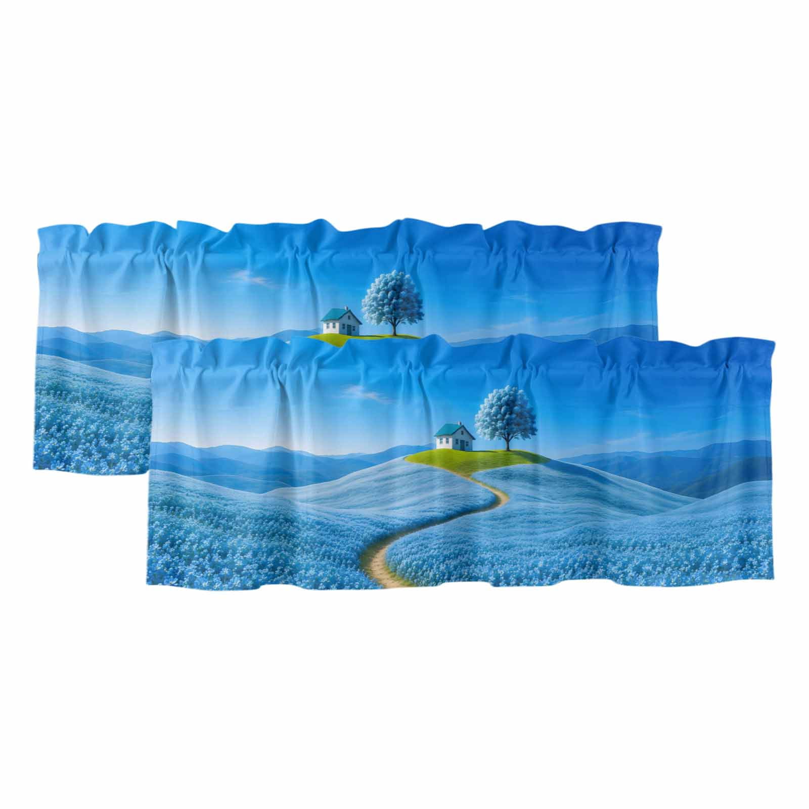 Blue Cottage 2 Panels Kitchen Valance, Blue Tree Blue Field Path ...