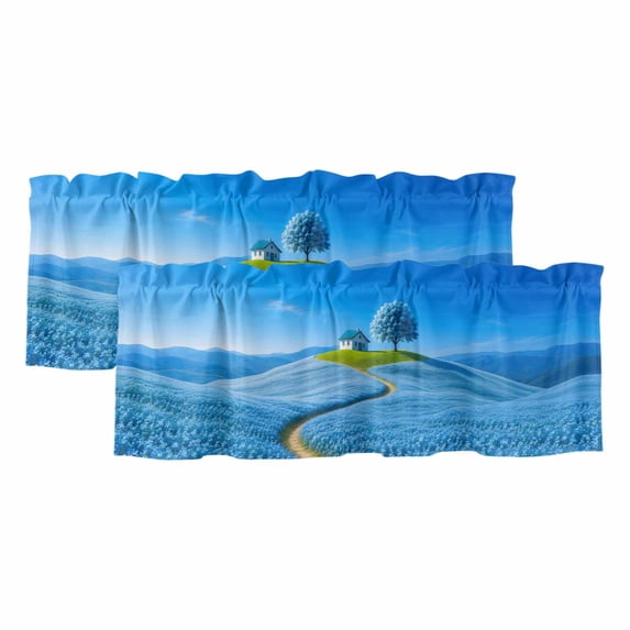 Blue Cottage 2 Panels Kitchen Valance, Blue Tree Blue Field Path ...