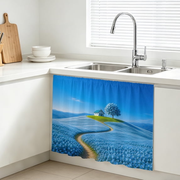 Blue Cottage Cabinet Curtain, Blue Tree Blue Field Path Landscape ...