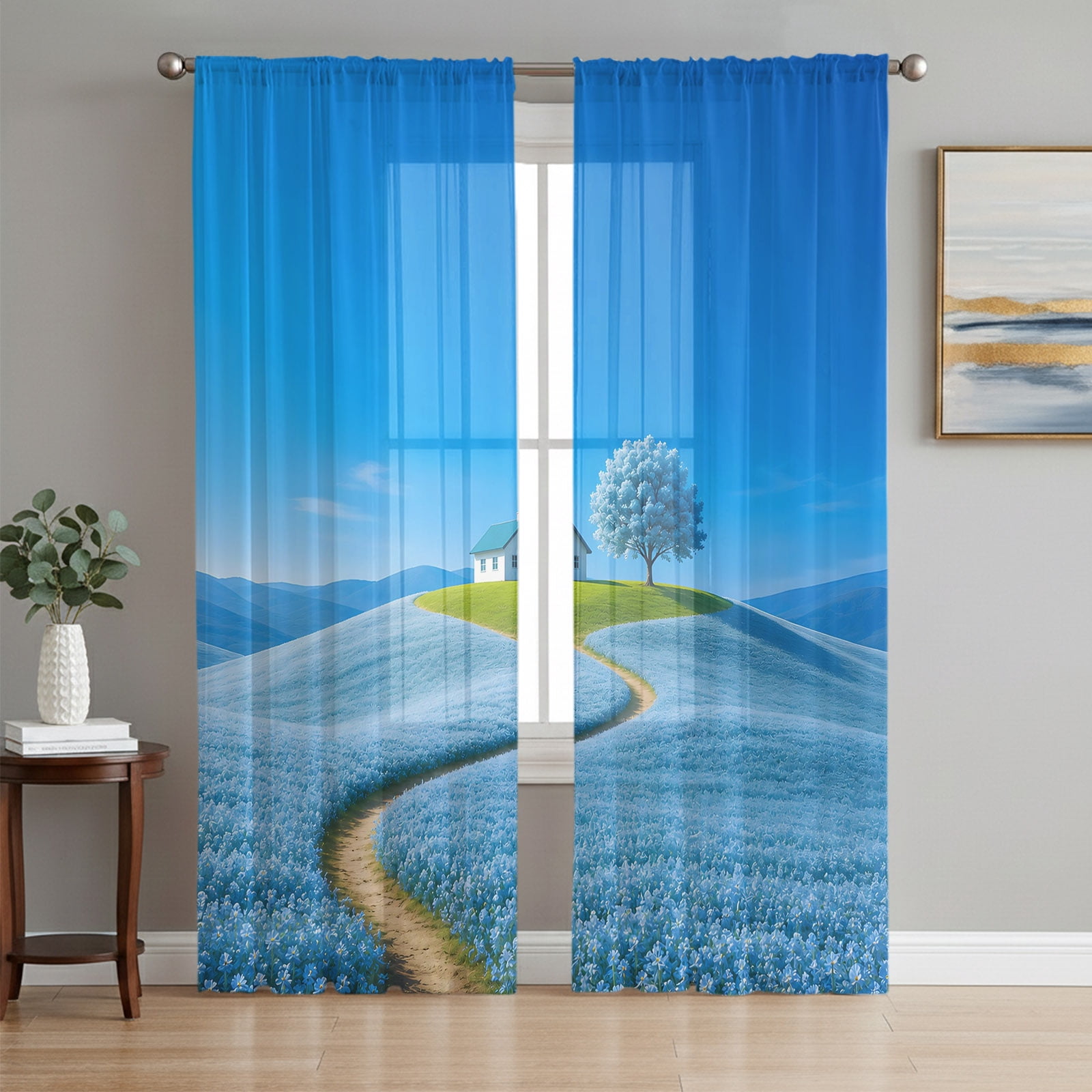 Blue Cottage Sheer Curtains for Living Room Bedroom, Blue Tree Blue ...