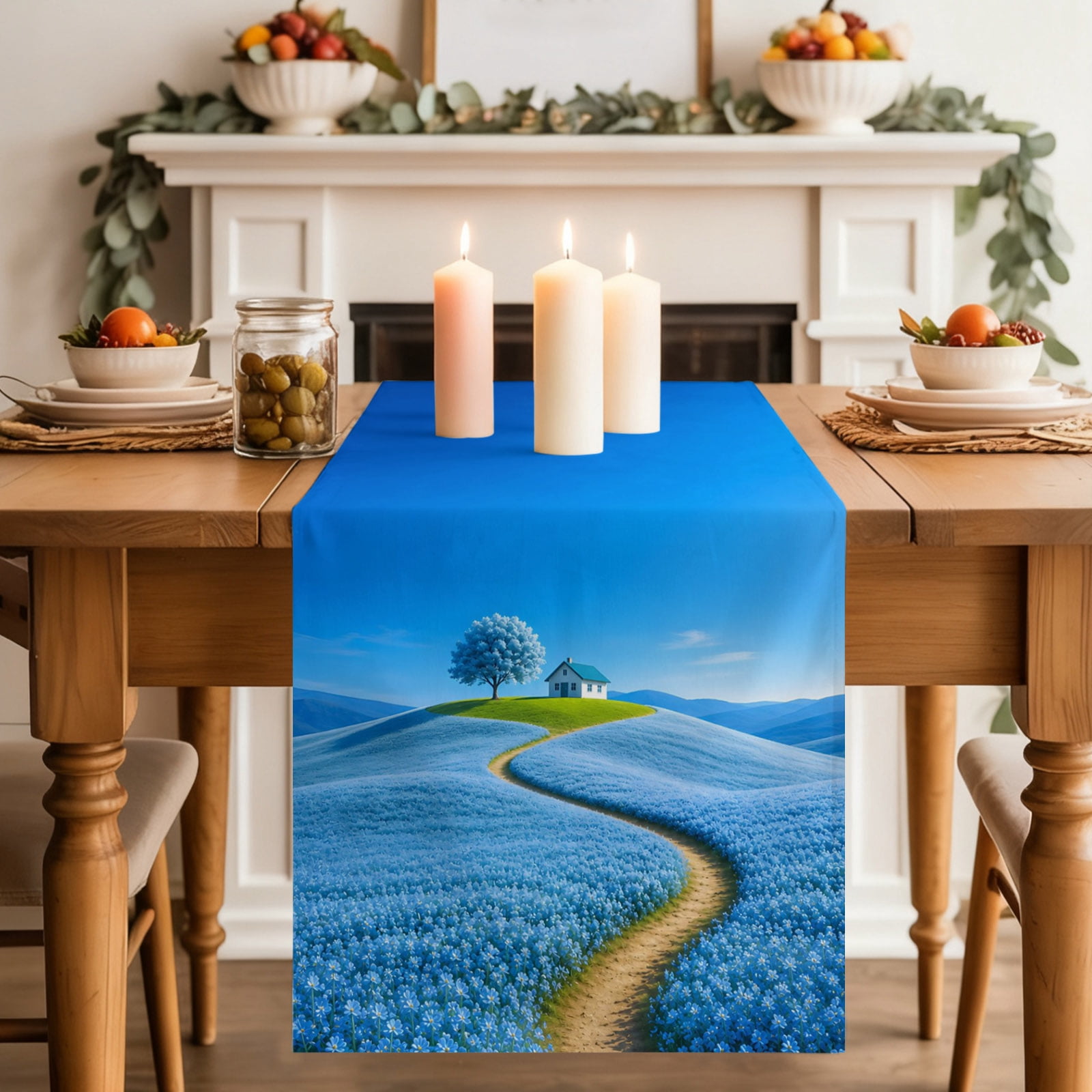 Blue Cottage Table Runner, Blue Tree Blue Field Path Landscape Nature ...