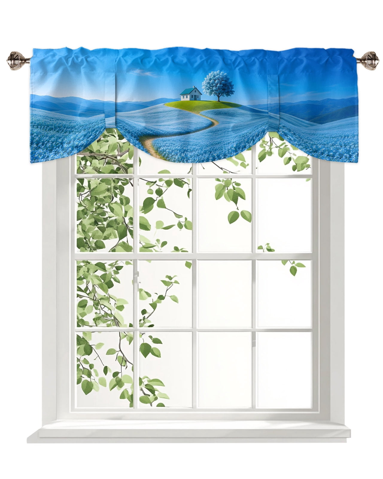 Blue Cottage Tie Up Valances Curtain, Blue Tree Blue Field Path ...