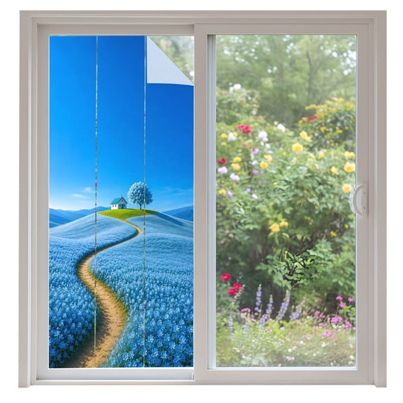 Blue Cottage Window Privacy Film, Blue Tree Blue Field Path Landscape ...