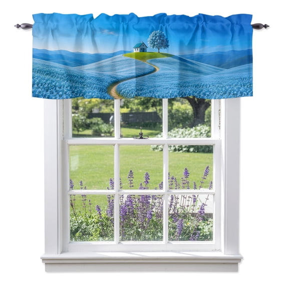 Blue Cottage Window Valance for Kitchen, Blue Tree Blue Field Path ...