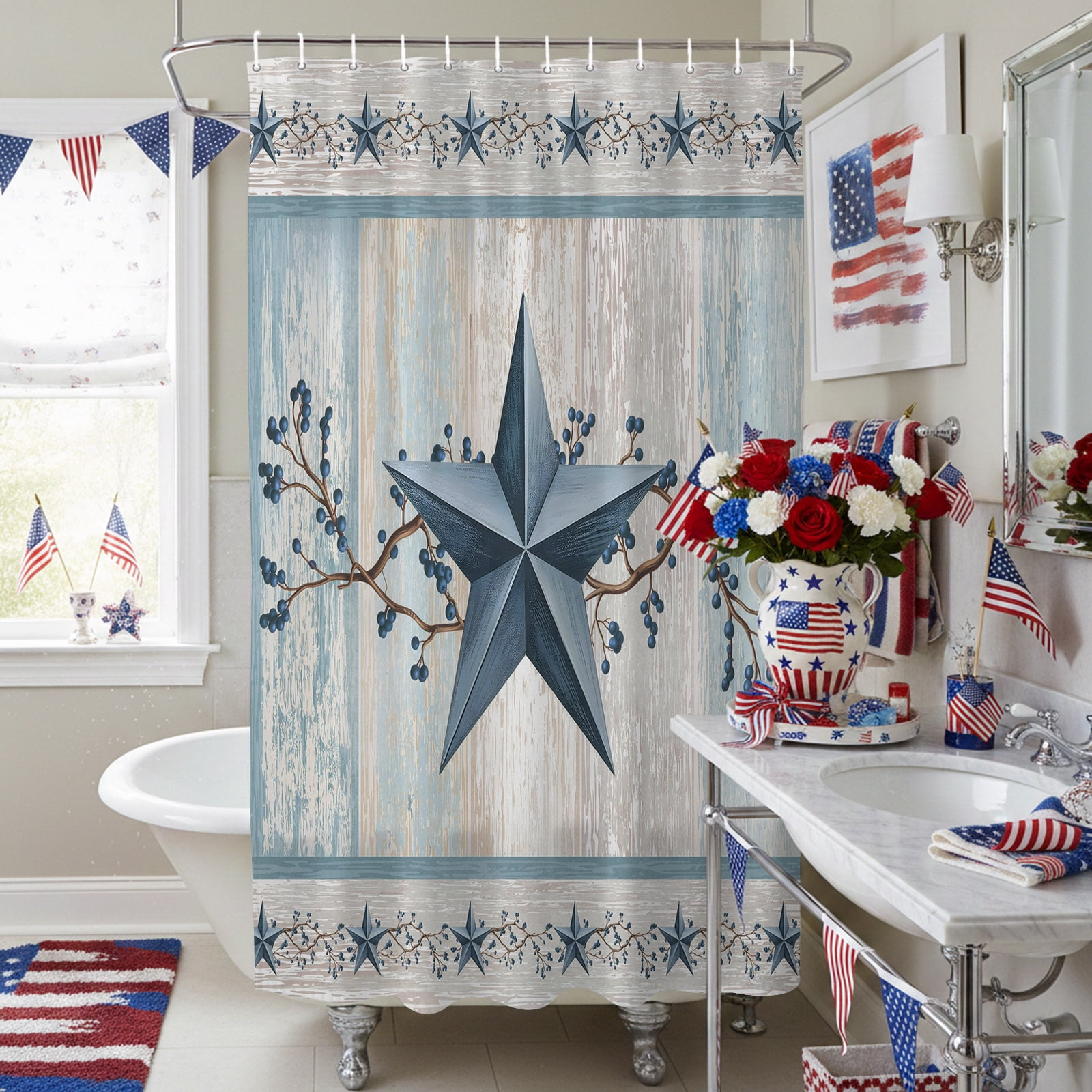 Blue Country Star Shower Curtain for Bathroom, Vintage Berries on Farm ...