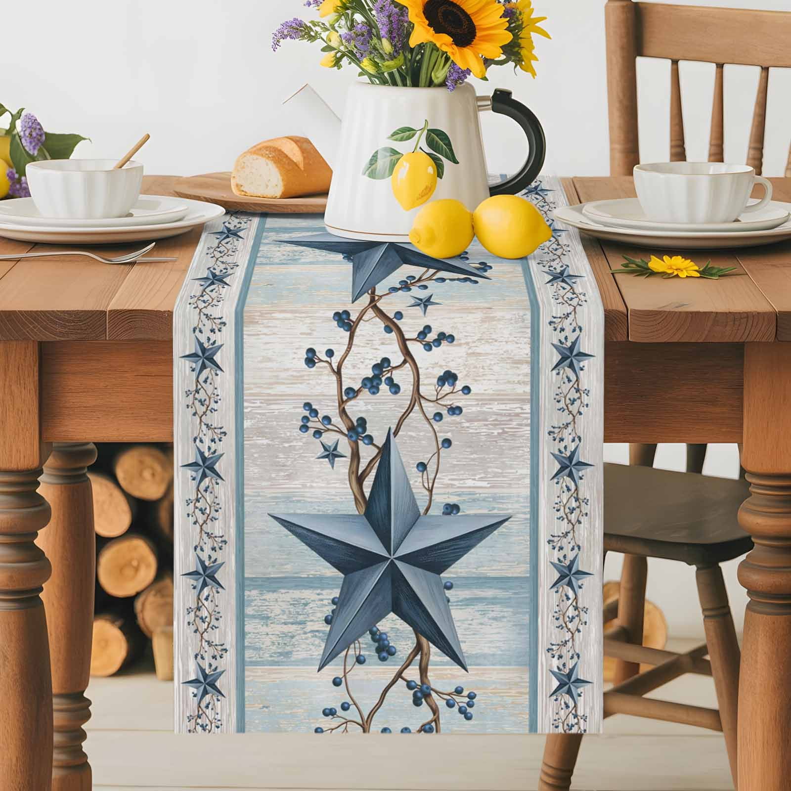 Blue Country Star Table Runner 36 Inches Long, Vintage Berries on Farm ...