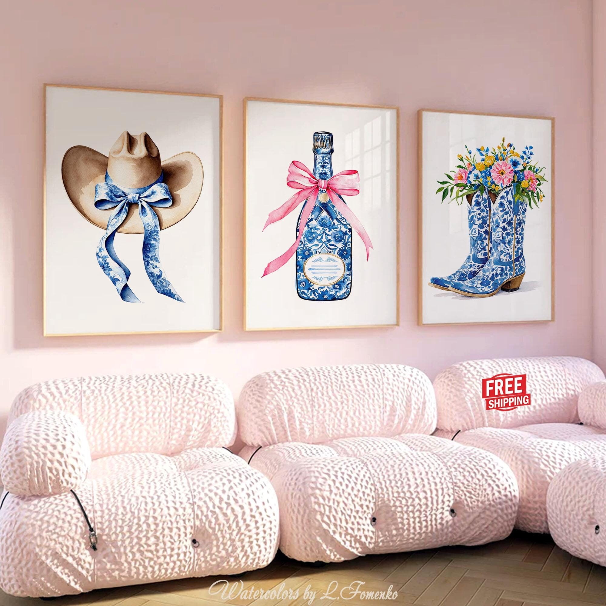 Blue Cowboy Boots & Hat Coastal Cowgirl Wall Art Prints Chinoiserie ...