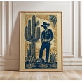 Blue Cowboy Cactus Poster Western Linocut Paper Wall Nature Decor ...