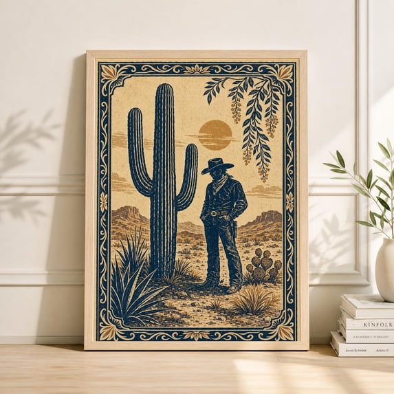 Blue Cowboy Cactus Poster, Western Linocut Poster , Poster Print Only ...