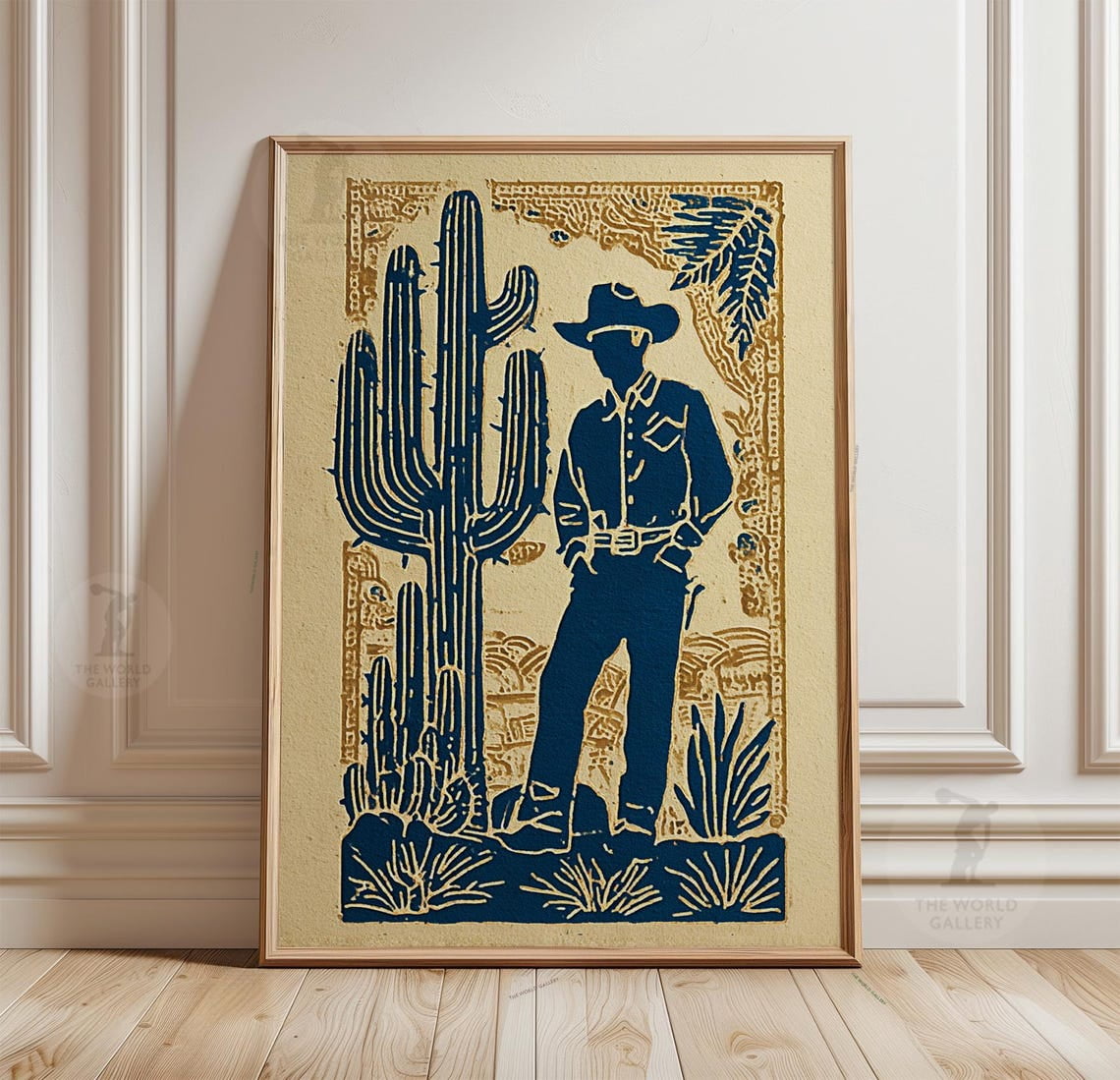 Blue Cowboy Cactus Western Linocut Paper Nature Wall Decor Art Unframed ...