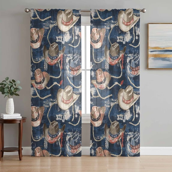 Blue Cowboy Sheer Curtains 63 Inch Length 2 Panels Set, Country Western ...