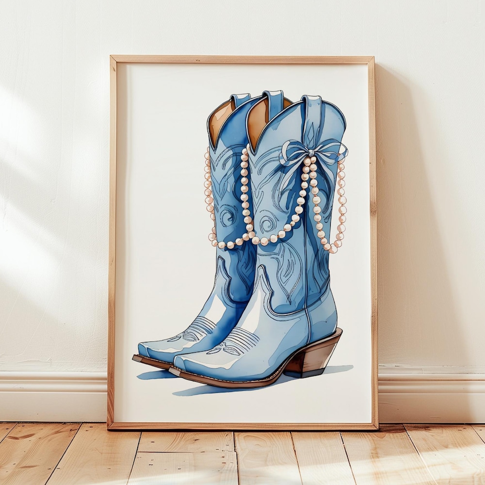 Blue Cowgirl Boots Wall Art Coastal Cowgirl Boot Orint Boots And Pearls ...