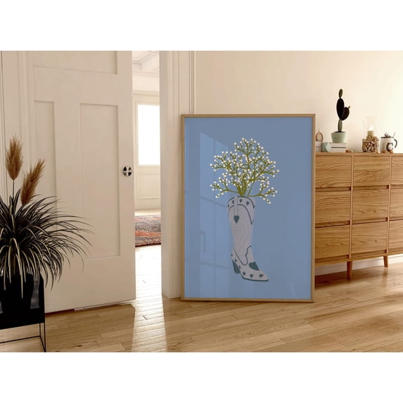 Blue Cowgirl Boots with Flowers Retro Western Wall Art, Unframed Paper ...