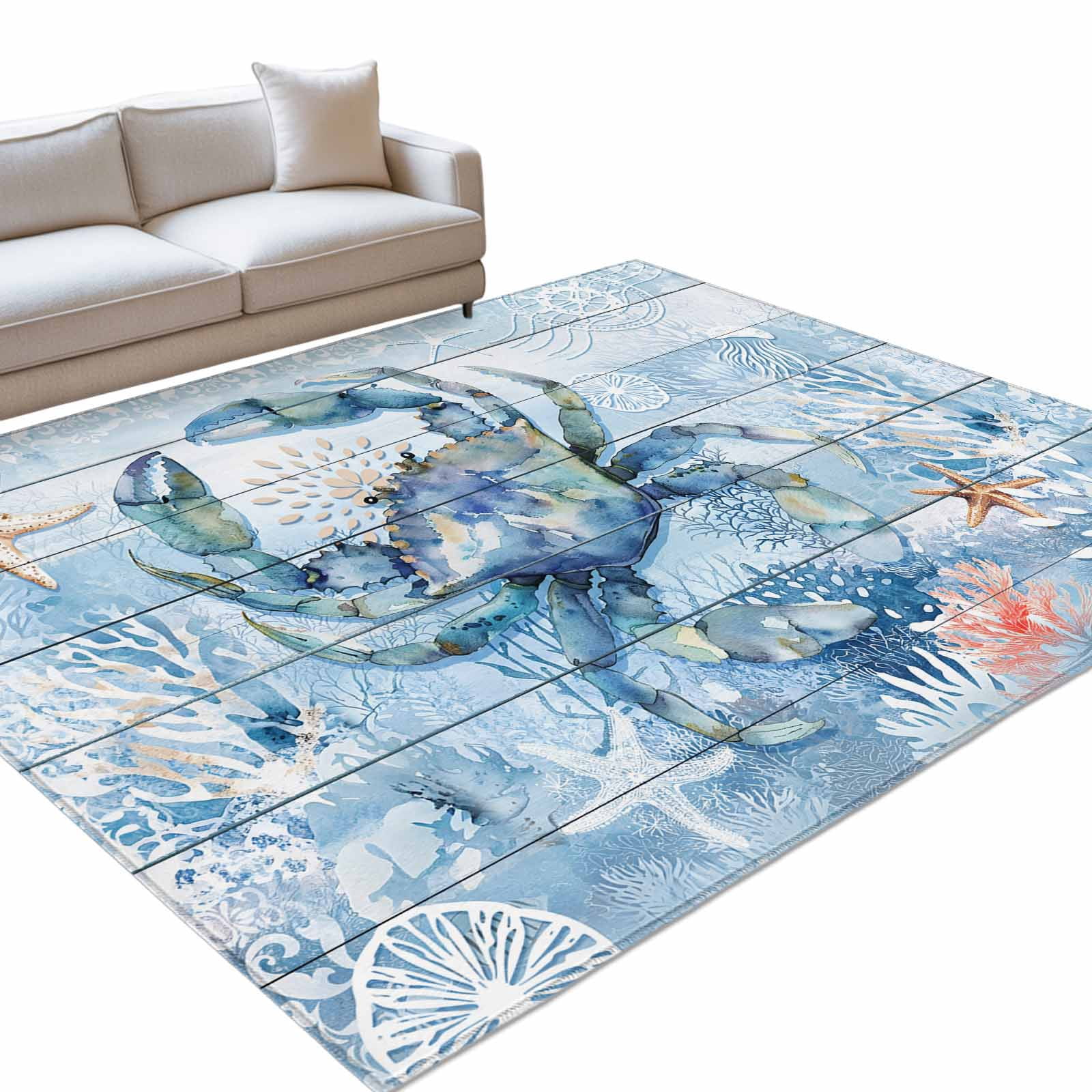 Blue Crab Area Rugs 5x8ft Ocean Coral Starfish Floor Rug Non Slip Low ...