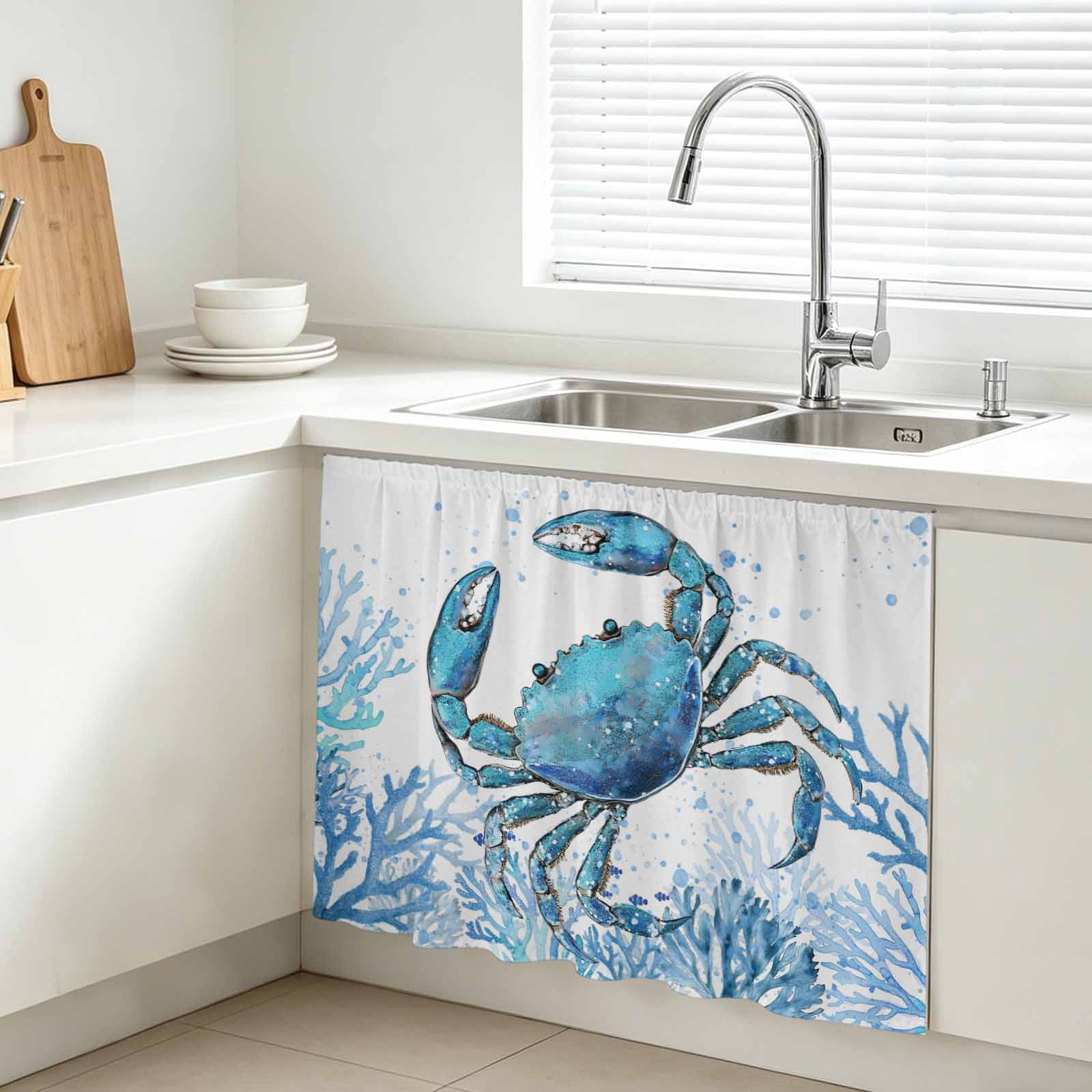 Blue Crab Cabinet Curtains for Kitchen 11"W x 13"L, Watercolor Ocean ...