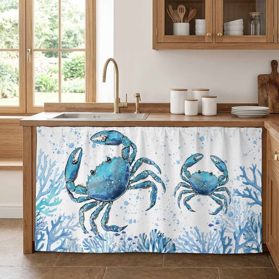 Blue Crab Cabinet Curtains for Kitchen 32"W x 55"L, Watercolor Ocean ...