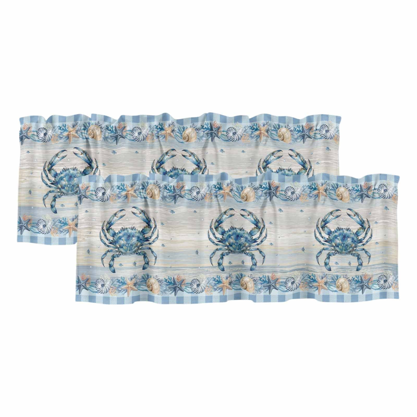 Blue Crab Coastal 2 Panels Kitchen Valance, Summer Starfish Beach Coral ...