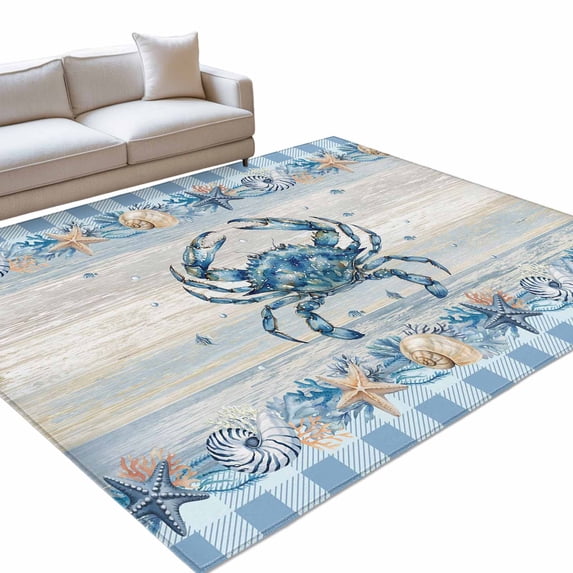 Blue Crab Coastal Area Rug, Summer Starfish Beach Coral Shell Vintage ...