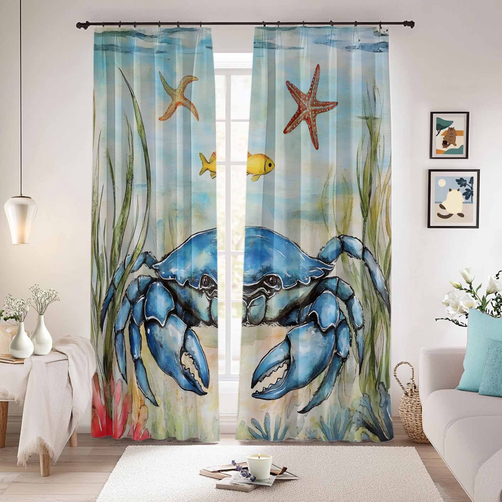 Blue Crab Coastal Blackout Curtains for Bedroom/Living Room, Pinch ...