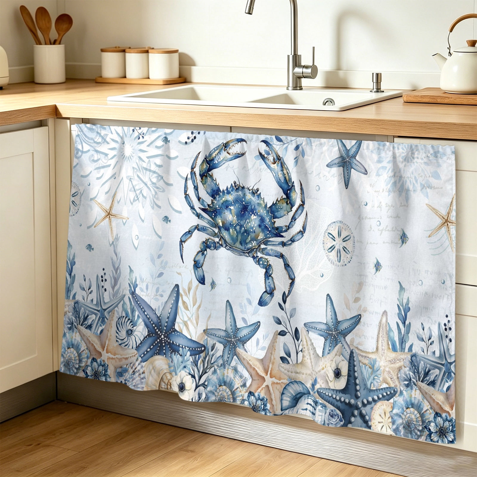 Blue Crab Coastal Cabinet Curtain 28"W x 51"L, Beach Starfish Nautical ...