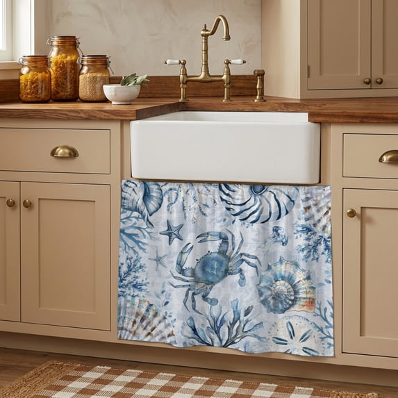 Blue Crab Coastal Cabinet Curtains 28"W x 35L, Summer Beach Coral Conch ...