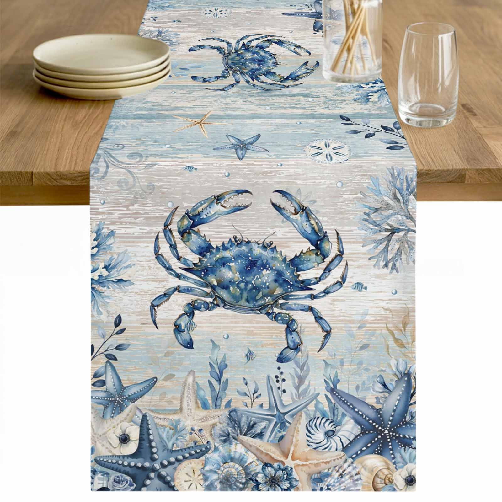 Blue Crab Coastal Cotton Linen Rectangle Table Runners 13"x120", Beach ...