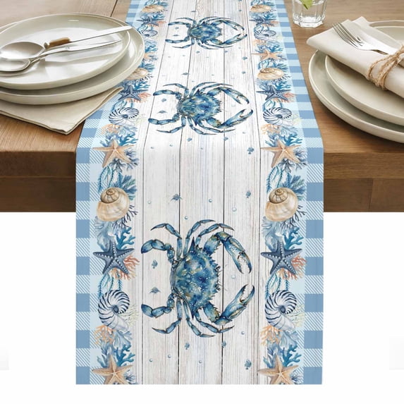 Blue Crab Coastal Cotton Linen Table Runner Summer Starfish Beach Shell ...