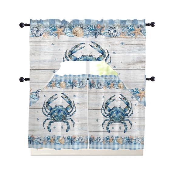 Blue Crab Coastal Kitchen Curtains Set for Windows 3 Piece Cafe ...