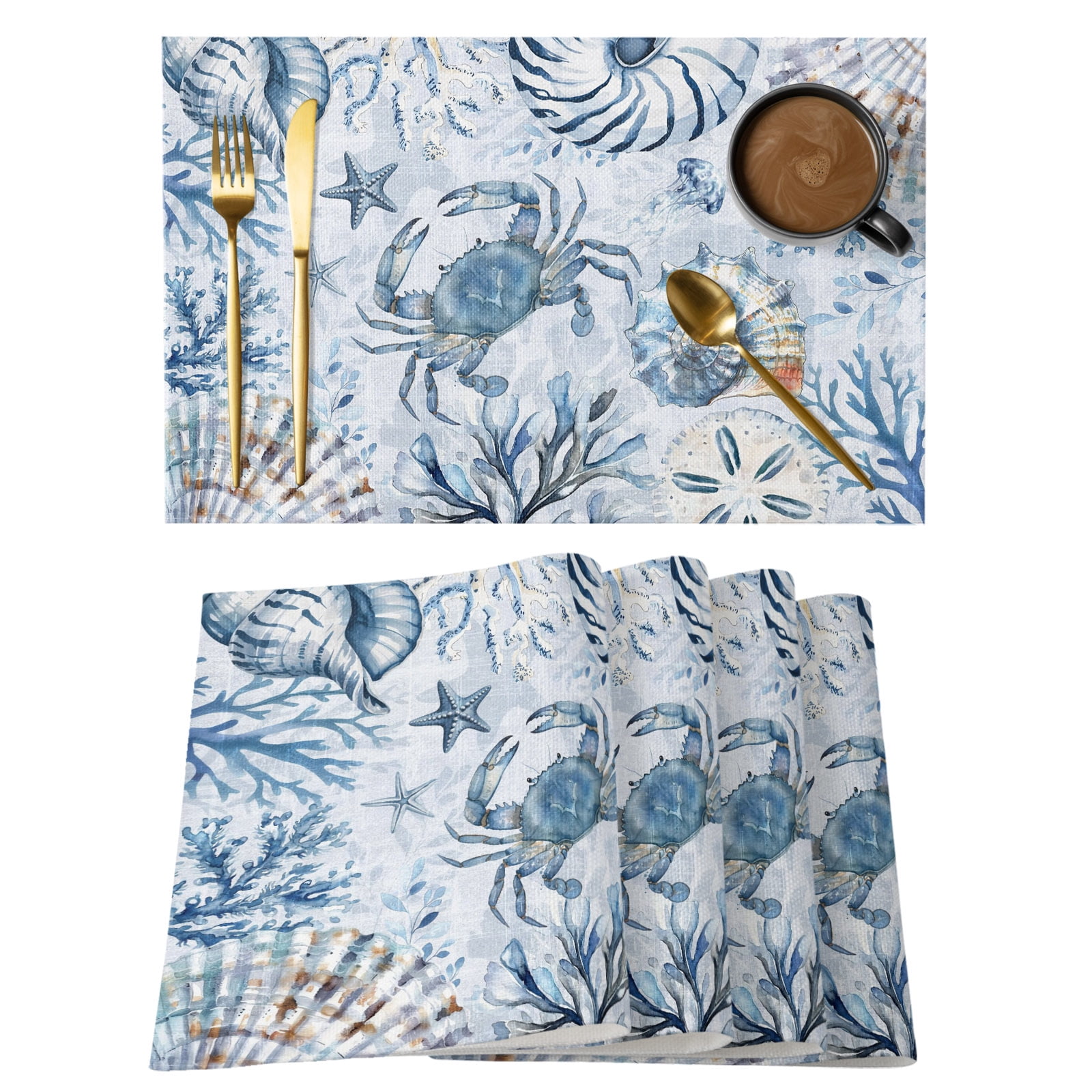 Blue Crab Coastal Placemats Set of 2 Summer Beach Coral Conch Shell ...