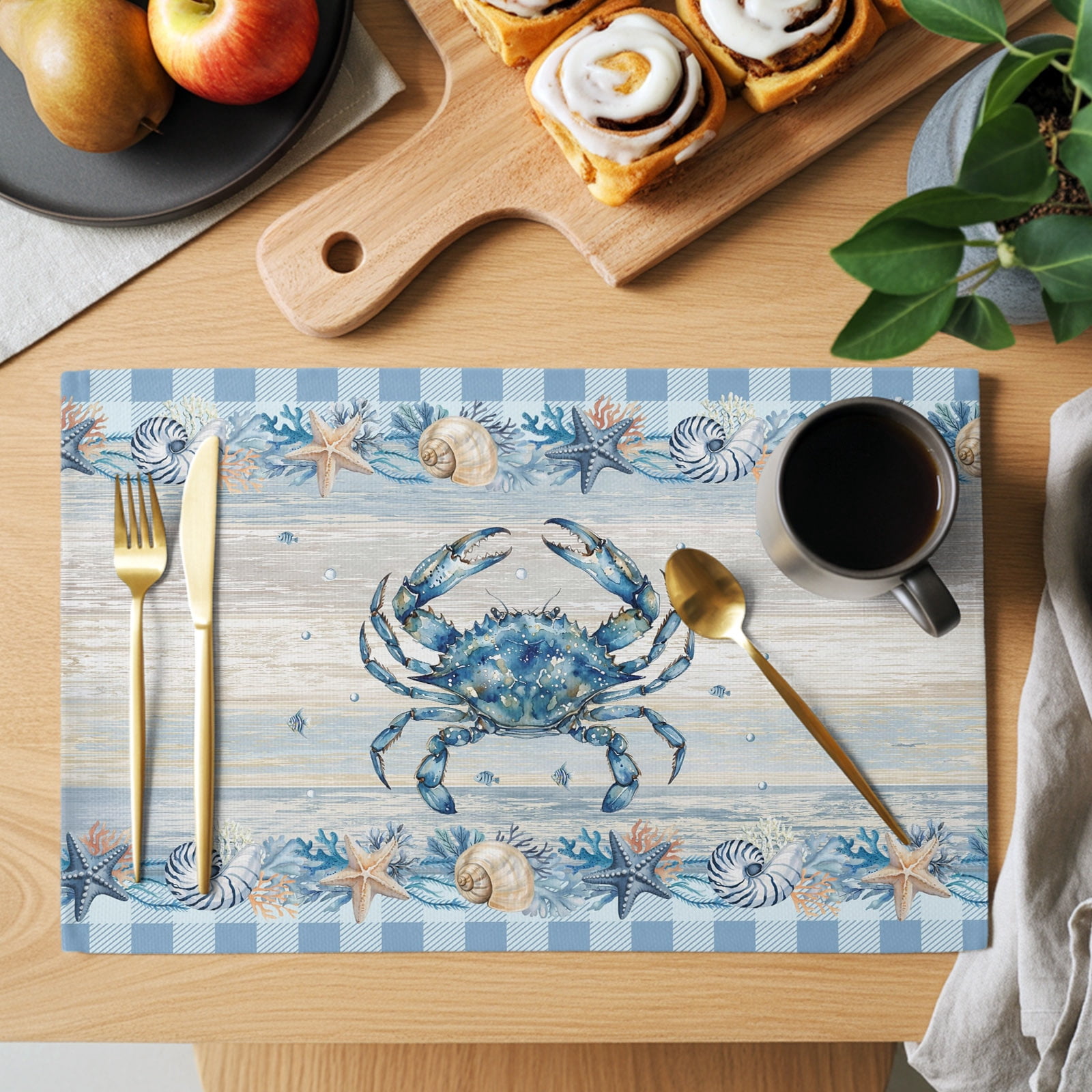 Blue Crab Coastal Placemats Set of 2, Summer Starfish Beach Coral Shell ...