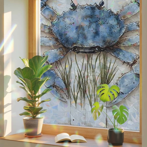 Blue Crab Coastal Privacy Window Film, Decorative Stained Glass Window ...