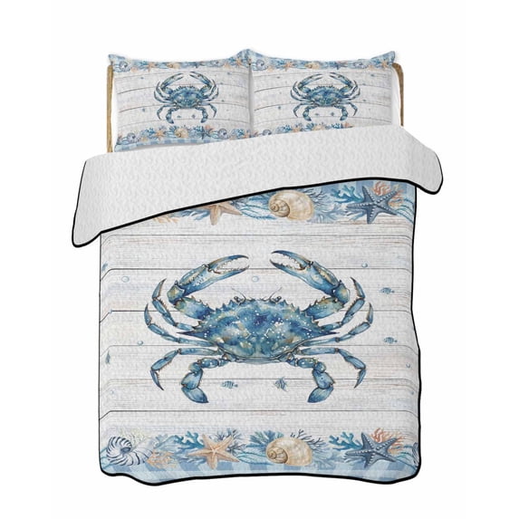 Blue Crab Coastal Quilts Bedding Set Queen Size Summer Starfish Beach ...