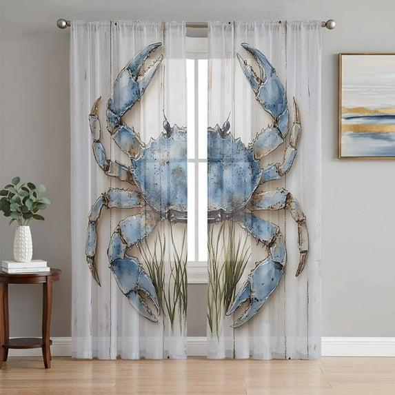 Blue Crab Coastal Semi Sheer Curtains 63 Inch Length 2 Panels Set ...
