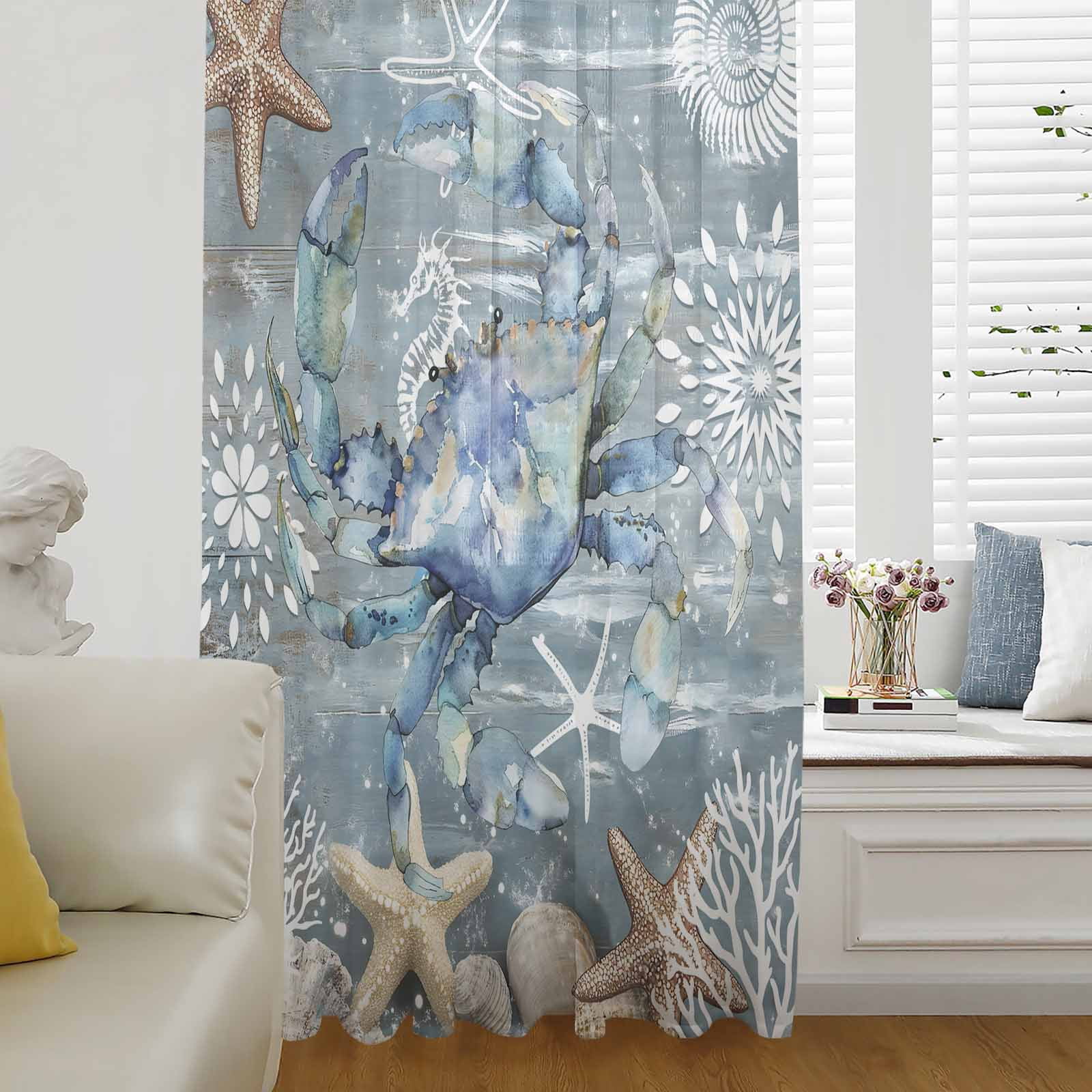 Blue Crab Coastal Semi Sheer Curtains Drapes for Living Room, Bedroom ...
