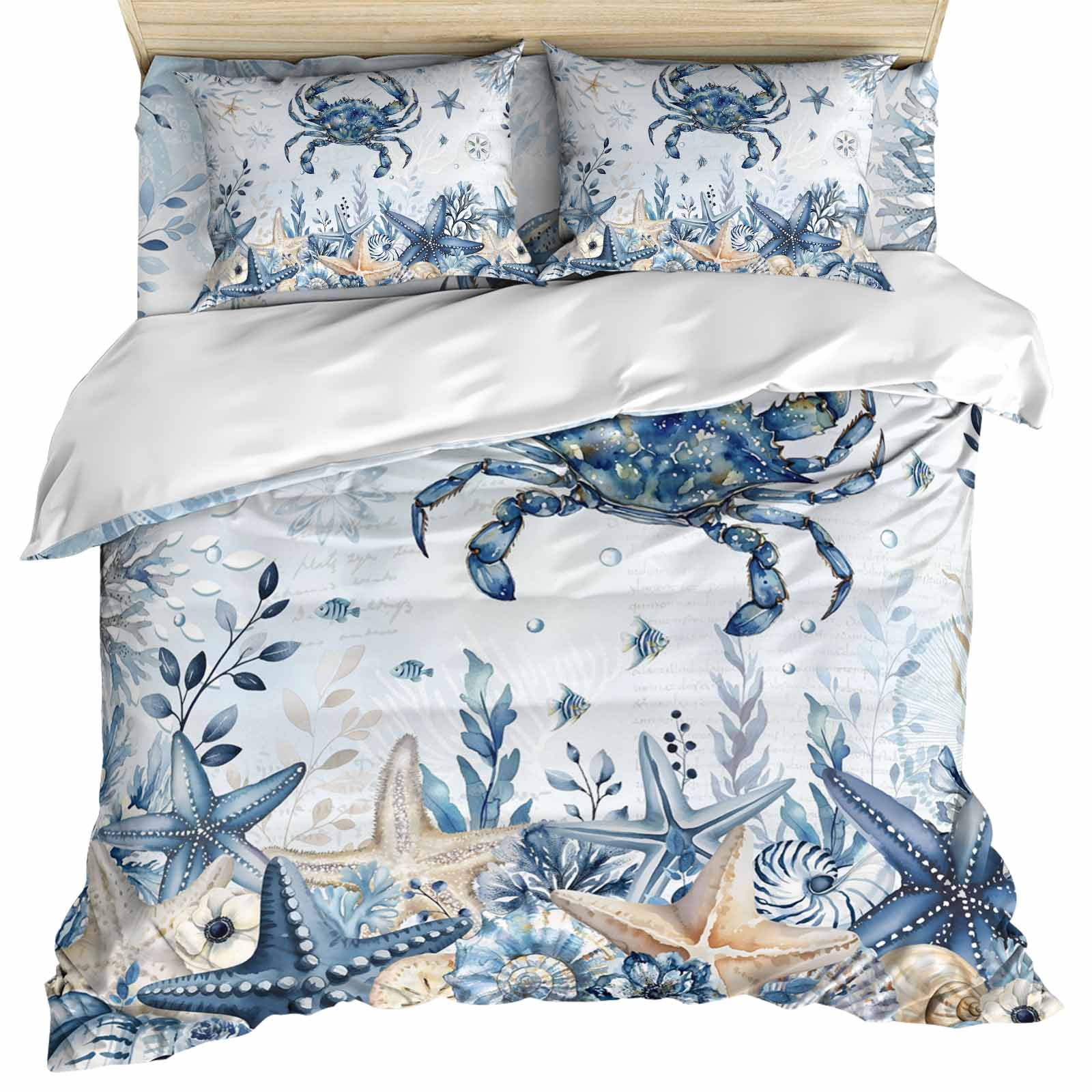 Blue Crab Coastal Set of 4 Bedding Quilt Covers, Beach Starfish ...