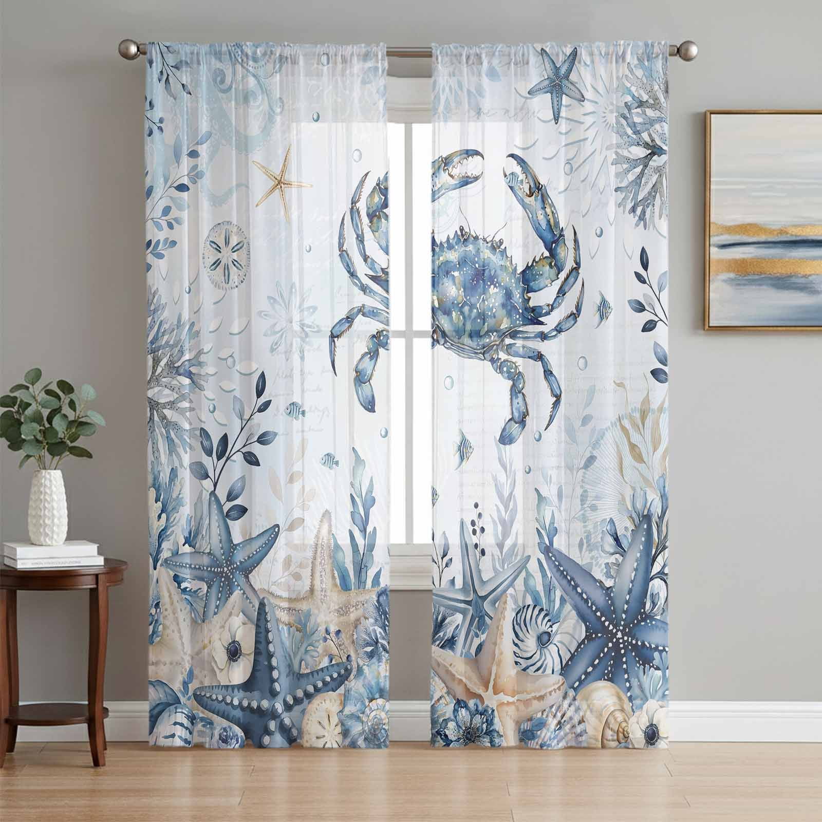 Blue Crab Coastal Sheer Curtains for Living Room Bedroom Beach Starfish ...