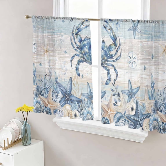 Blue Crab Coastal Sheer Curtains for Living Room Bedroom Beach Starfish ...