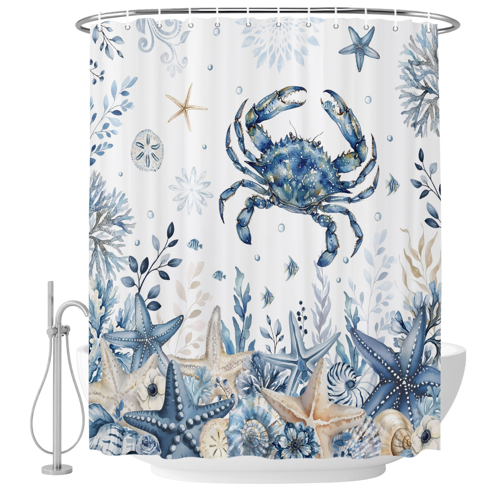 Blue Crab Coastal Shower Curtain Set - 72" x 78" Washable Bathtub ...