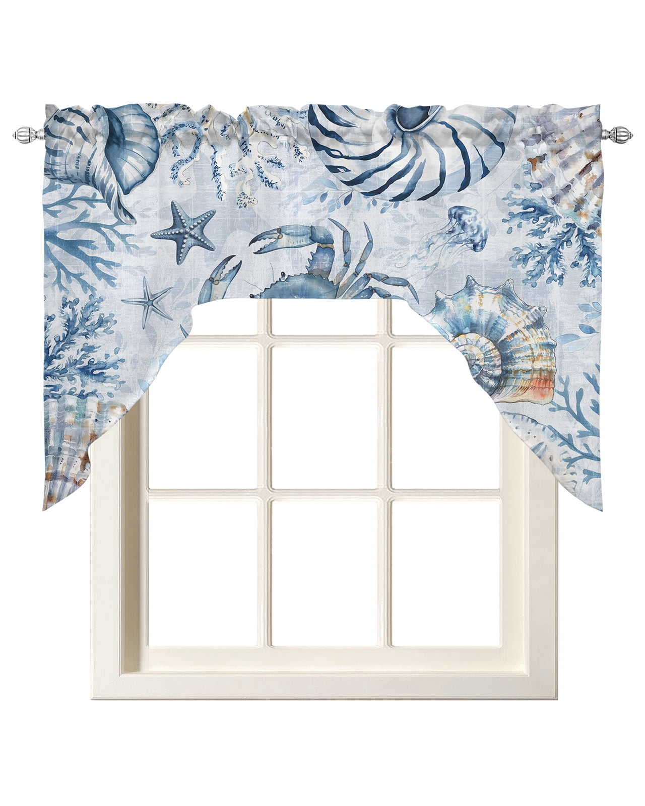 Blue Crab Coastal Swag Curtains for Kitchen Summer Beach Coral Conch ...