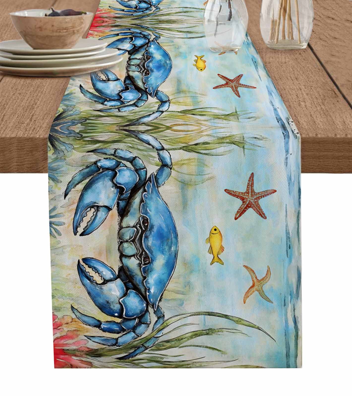 Blue Crab Coastal Table Runner 72 Inches, Nautical Starfish Beach Ocean ...