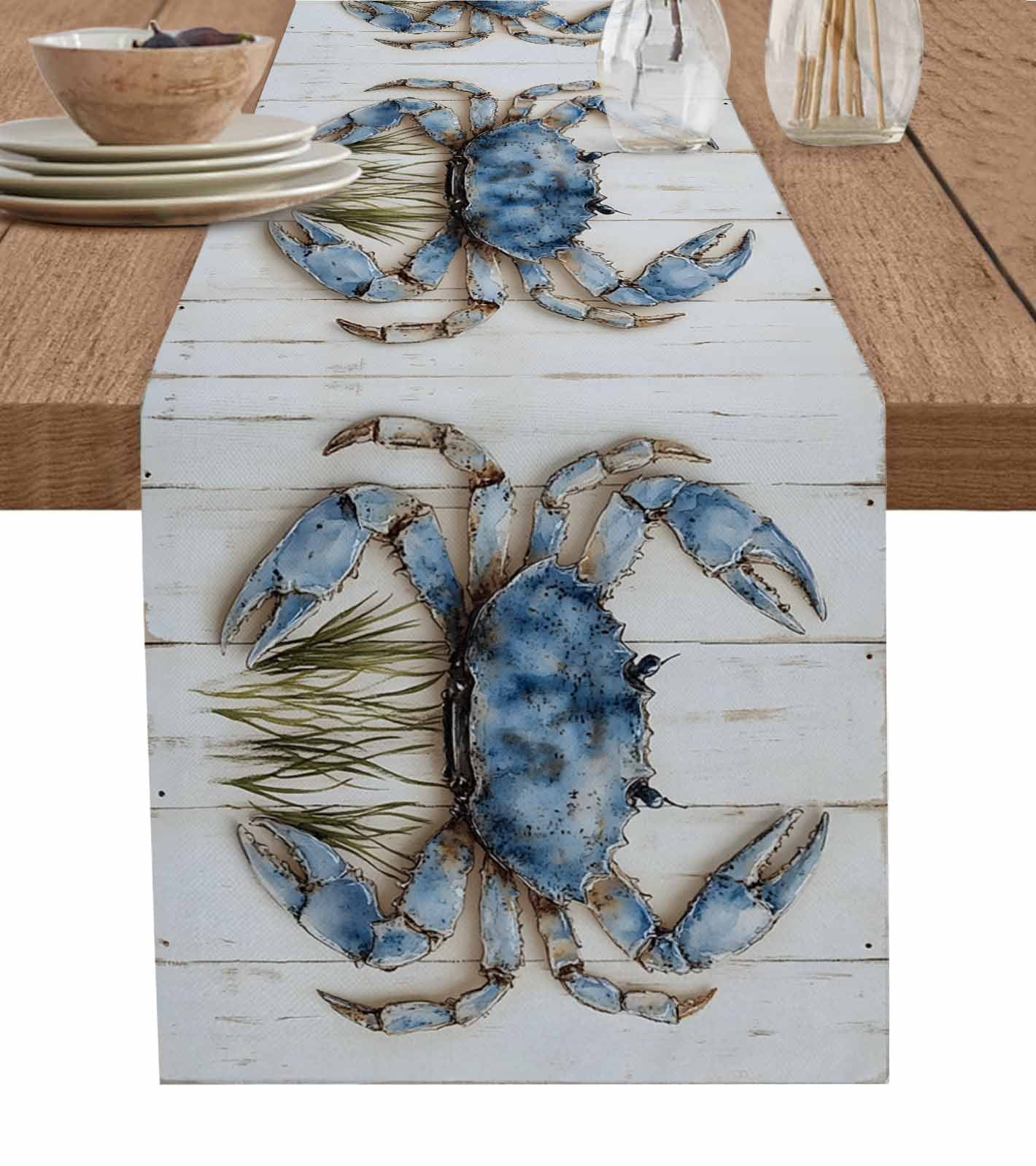 Blue Crab Coastal Table Runner 72 Inches, Vintage Beach Nautical Coral ...