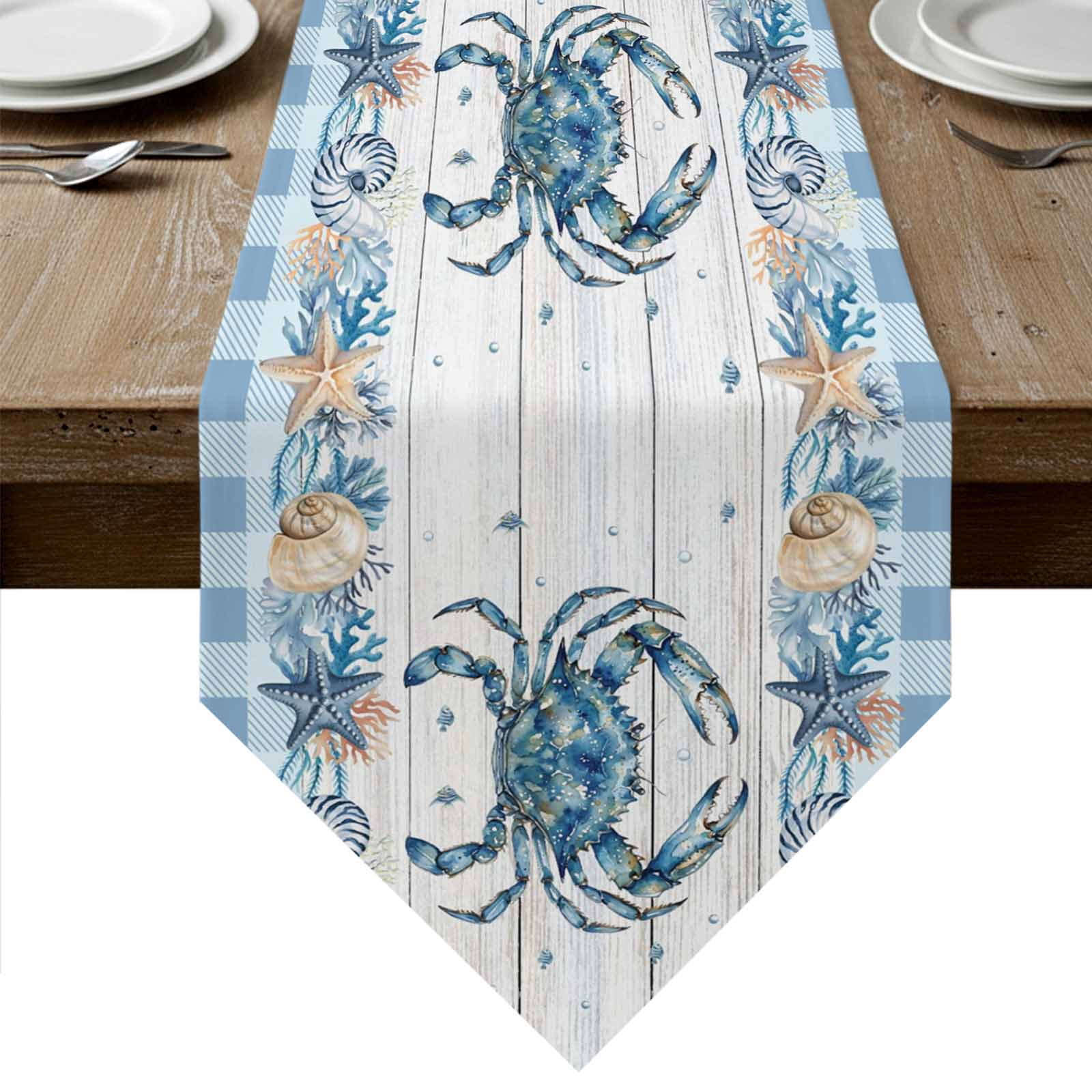 Blue Crab Coastal Table Runner Linen Burlap Table Runner 70 Inches Long ...